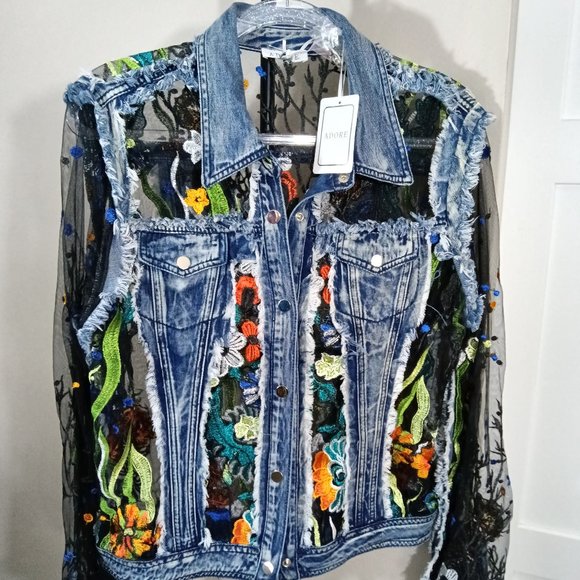 Adore | Jackets & Coats | Adore Denim Jackets Detailed With Sheer Black Embroidered Panels And ...